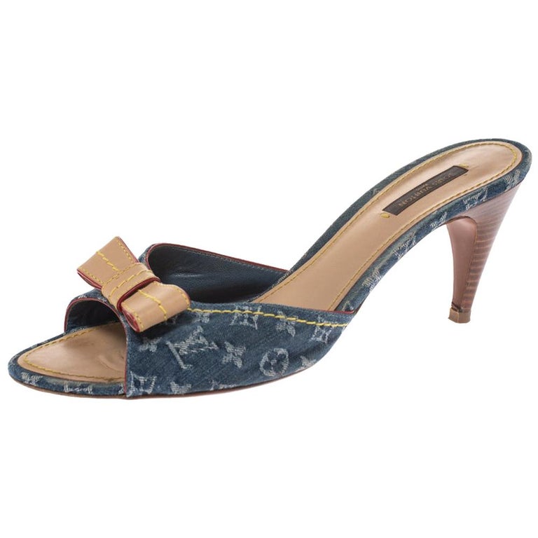 Louis Vuitton Blue Monogram Denim And Leather Bow Slide Sandals Size 41 ...