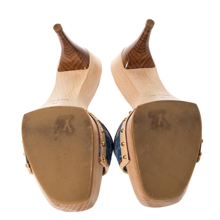 Louis Vuitton Blue Monogram Denim Bow Detail Slides Sandals Size 38 at ...