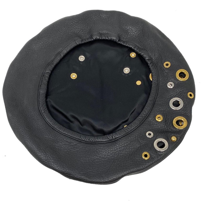 Louis Vuitton Embellished Grommets Black Leather Beret Hat With Box For ...