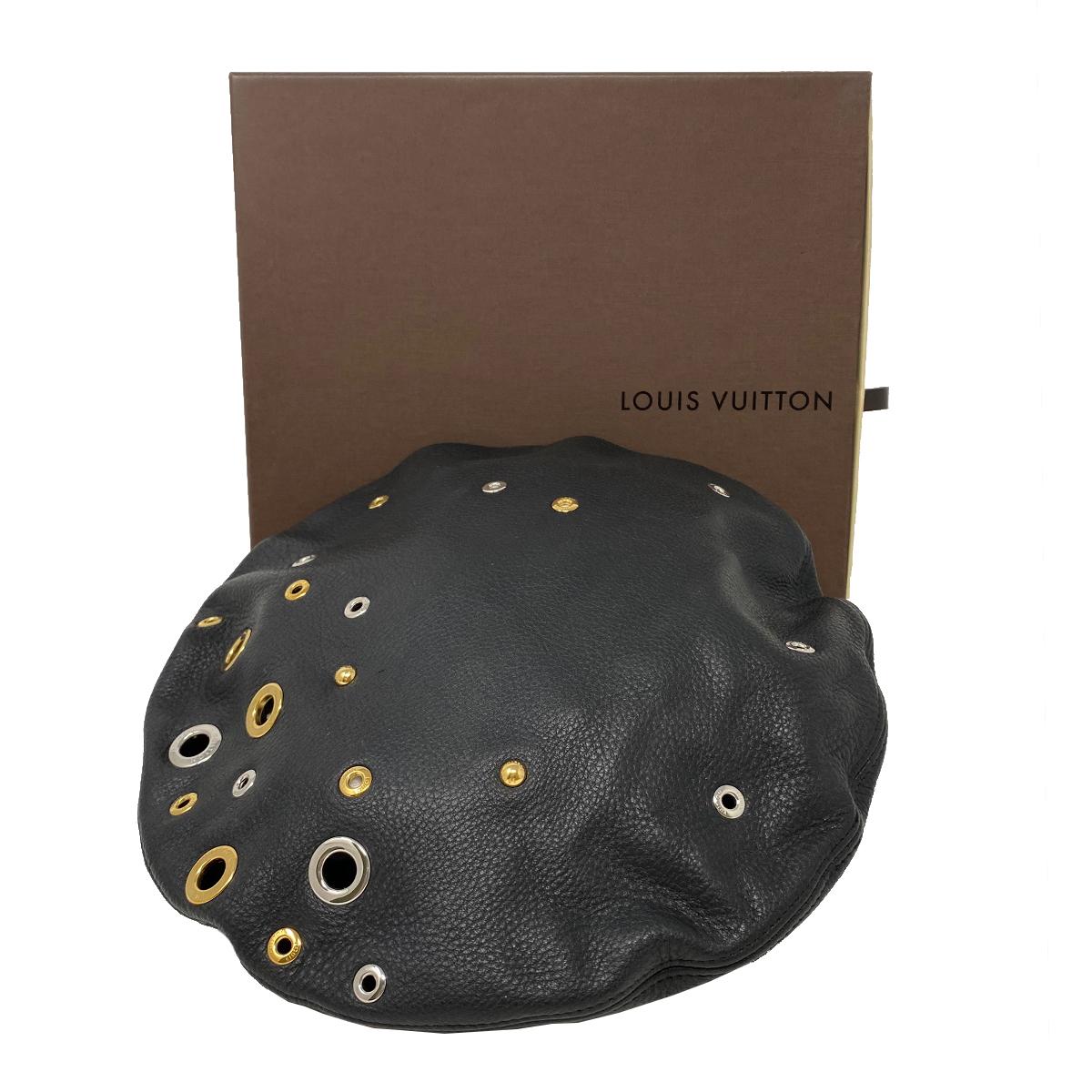 Louis Vuitton Embellished Grommets Black Leather Beret Hat With Box For ...