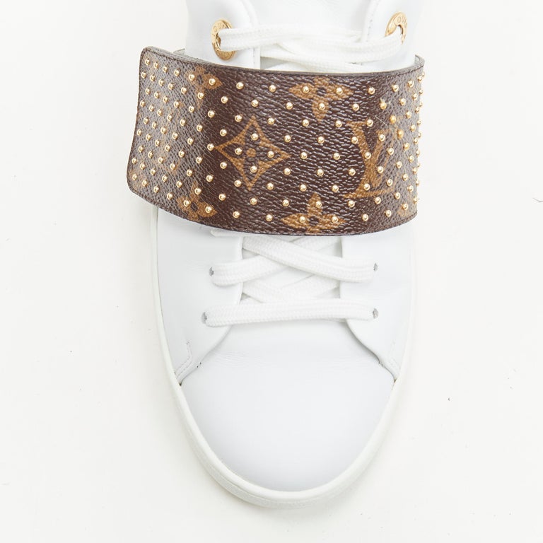 LOUIS VUITTON Front Row brown LV monogram gold stud white leather ...