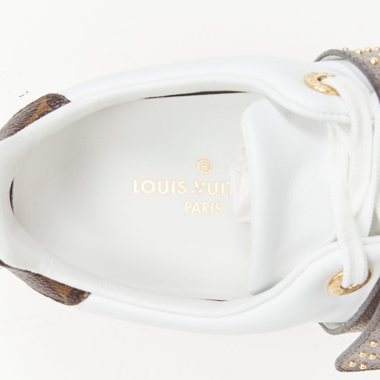 LOUIS VUITTON Front Row brown LV monogram gold stud white leather ...