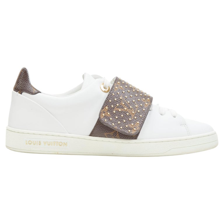 LOUIS VUITTON Front Row brown LV monogram gold stud white leather ...