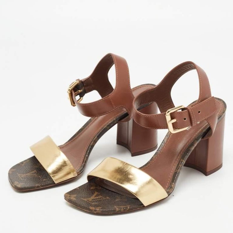 Louis Vuitton Gold/Brown Leather Bloom Ankle Strap Sandals Size 37 For ...