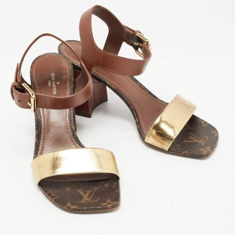 Louis Vuitton Gold/Brown Leather Bloom Ankle Strap Sandals Size 37 For ...