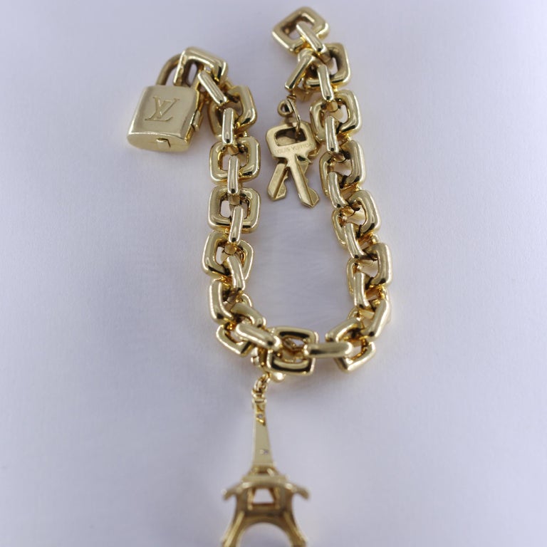 Louis Vuitton Gold Charm Bracelet with Lock and Key Clasp and Eiffel ...