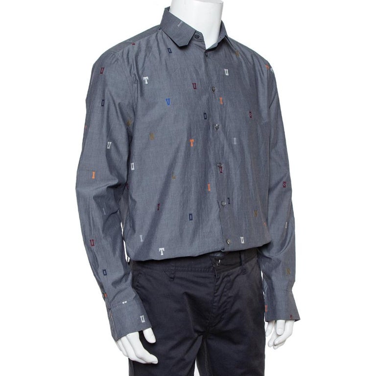 Louis Vuitton Grey Cotton Fil Coupé Detail Dna Collared Shirt M At 1stdibs