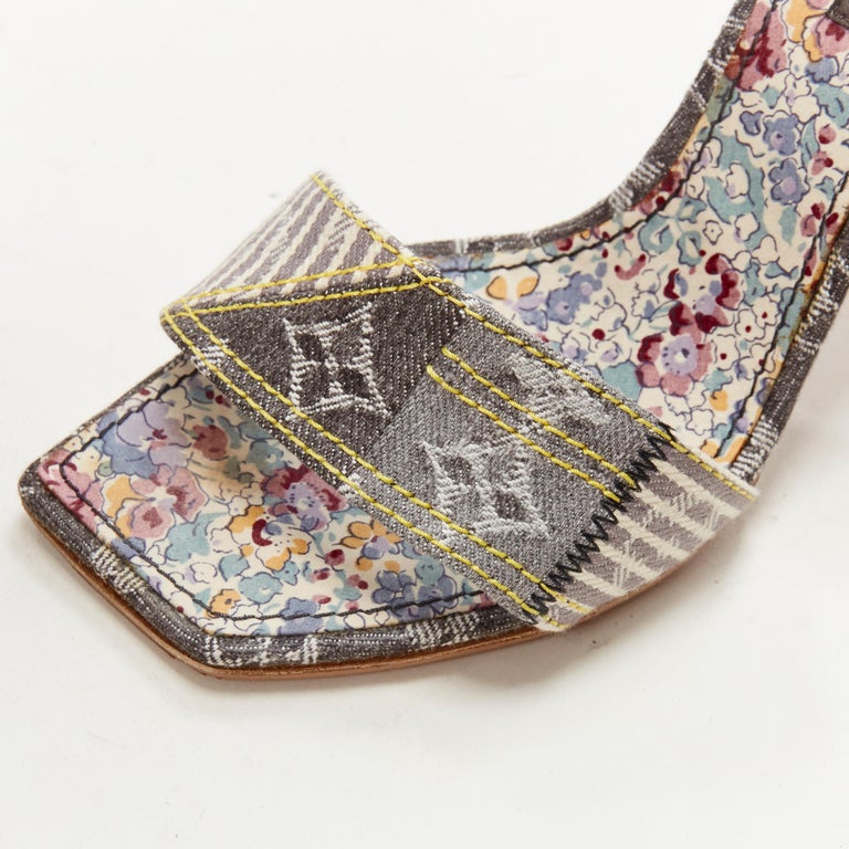 LOUIS VUITTON grey denim patchwork buckle vachetta strap wooden heel ...
