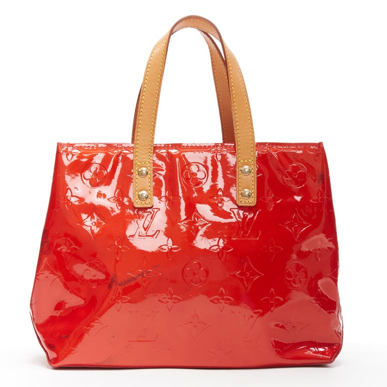 LOUIS VUITTON Lead PM Vernis red monogram embossed small satchel tote ...