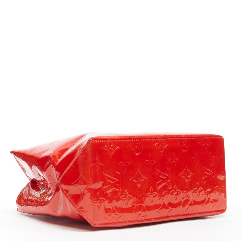 LOUIS VUITTON Lead PM Vernis red monogram embossed small satchel tote ...
