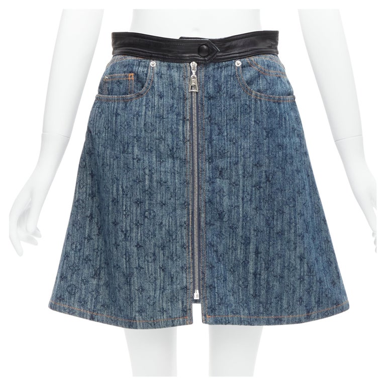 LOUIS VUITTON LV logo monogram denim black leather flared A-line skirt ...