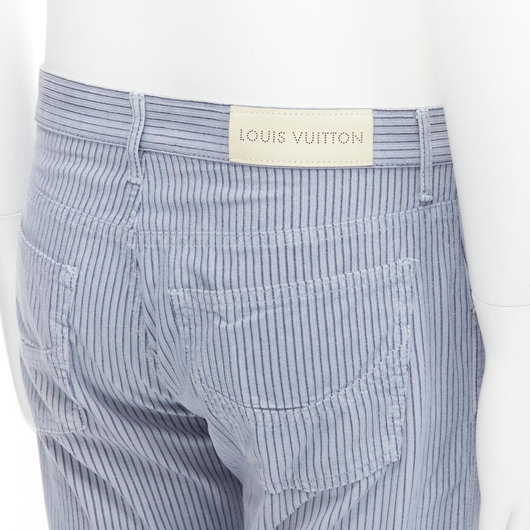 LOUIS VUITTON LV logo plate light blue textured pinstripe pants EU42 M ...