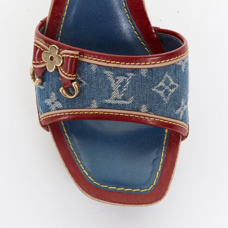 LOUIS VUITTON LV monogram blue denim red bow patent wooden clog sandals ...