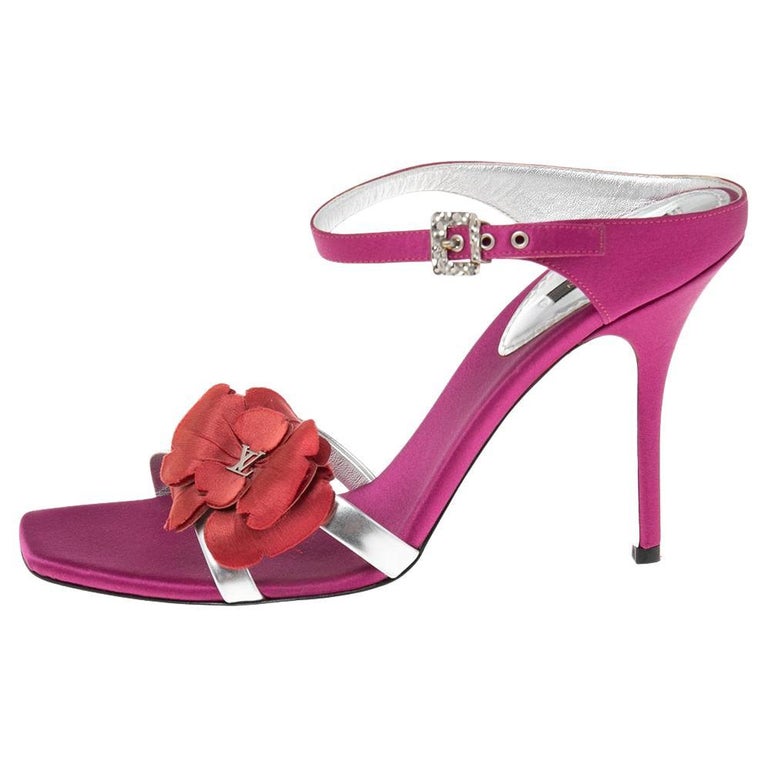 Louis Vuitton Magenta/Silver Satin Flower Applique Strap Sandals Size ...