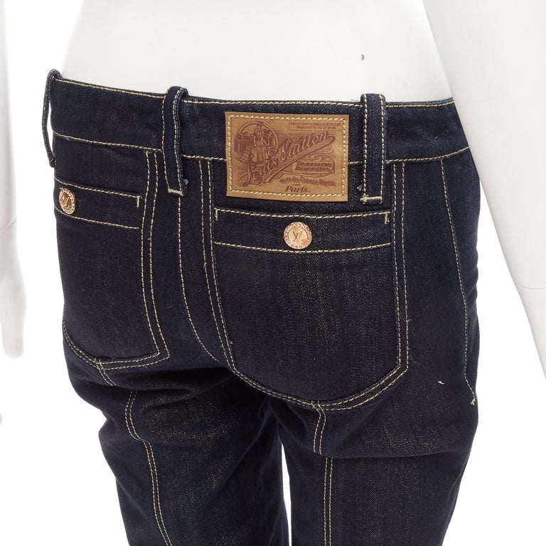 LOUIS VUITTON metallic gold lurex indigo denim crystal button cropped ...