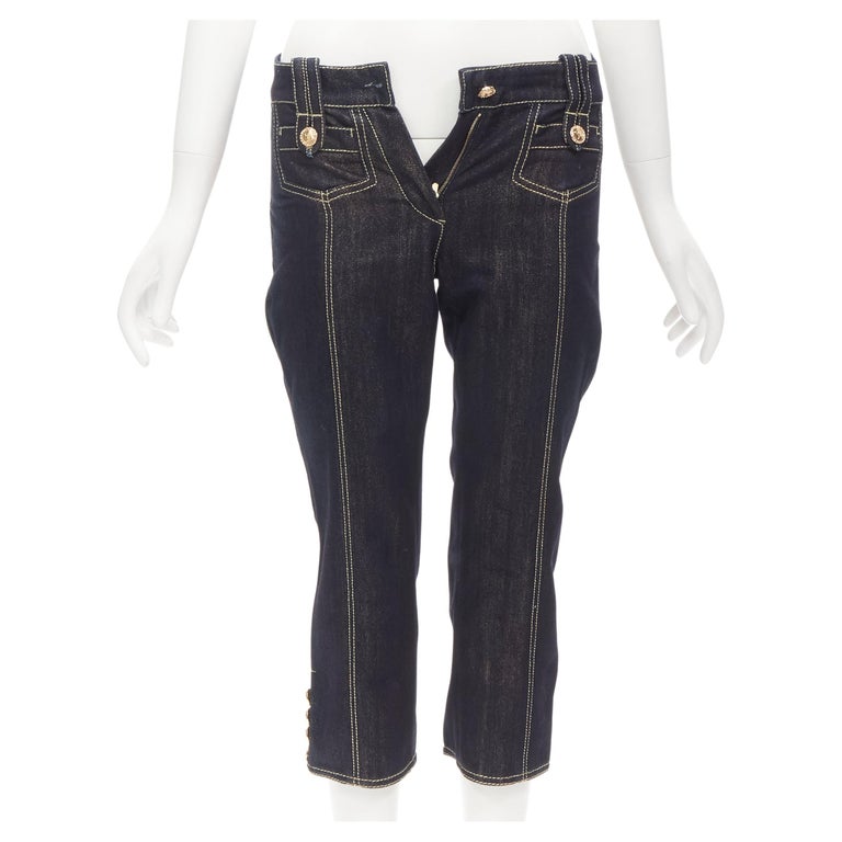 LOUIS VUITTON metallic gold lurex indigo denim crystal button cropped ...
