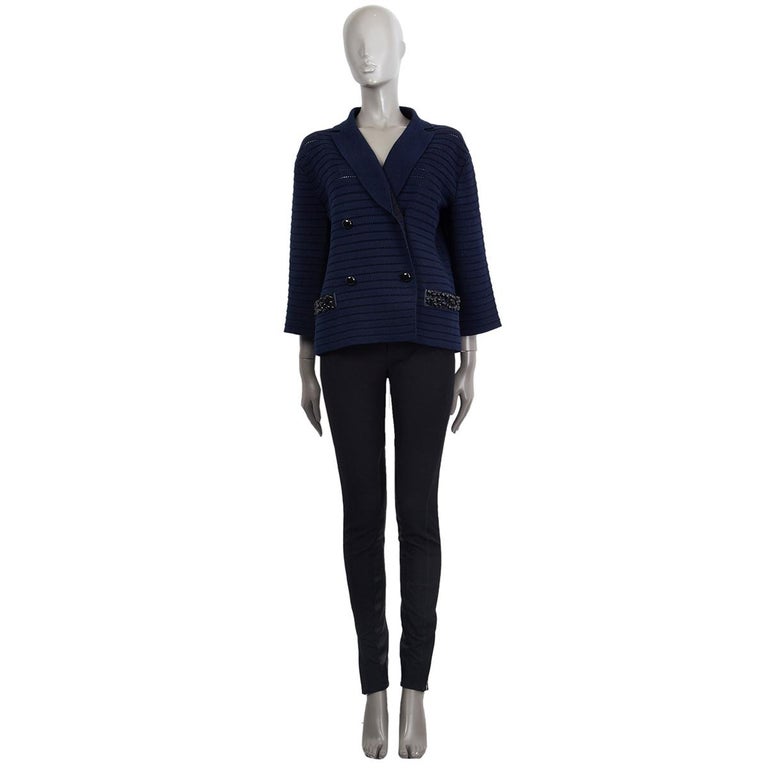 LOUIS VUITTON navy blue cotton BEADED DOUBLE BREASTED KNIT Jacket M For ...