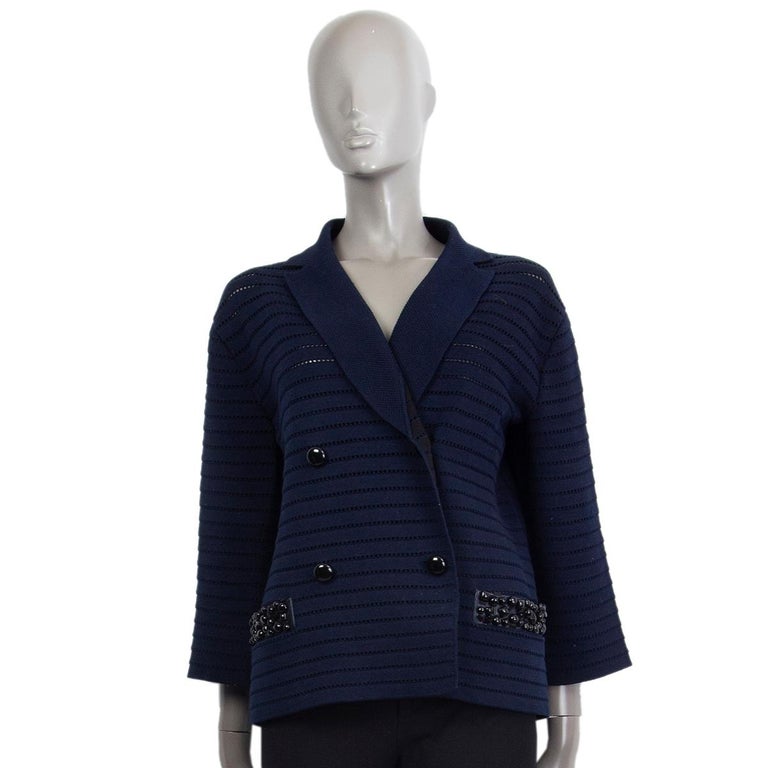 LOUIS VUITTON navy blue cotton BEADED DOUBLE BREASTED KNIT Jacket M For ...