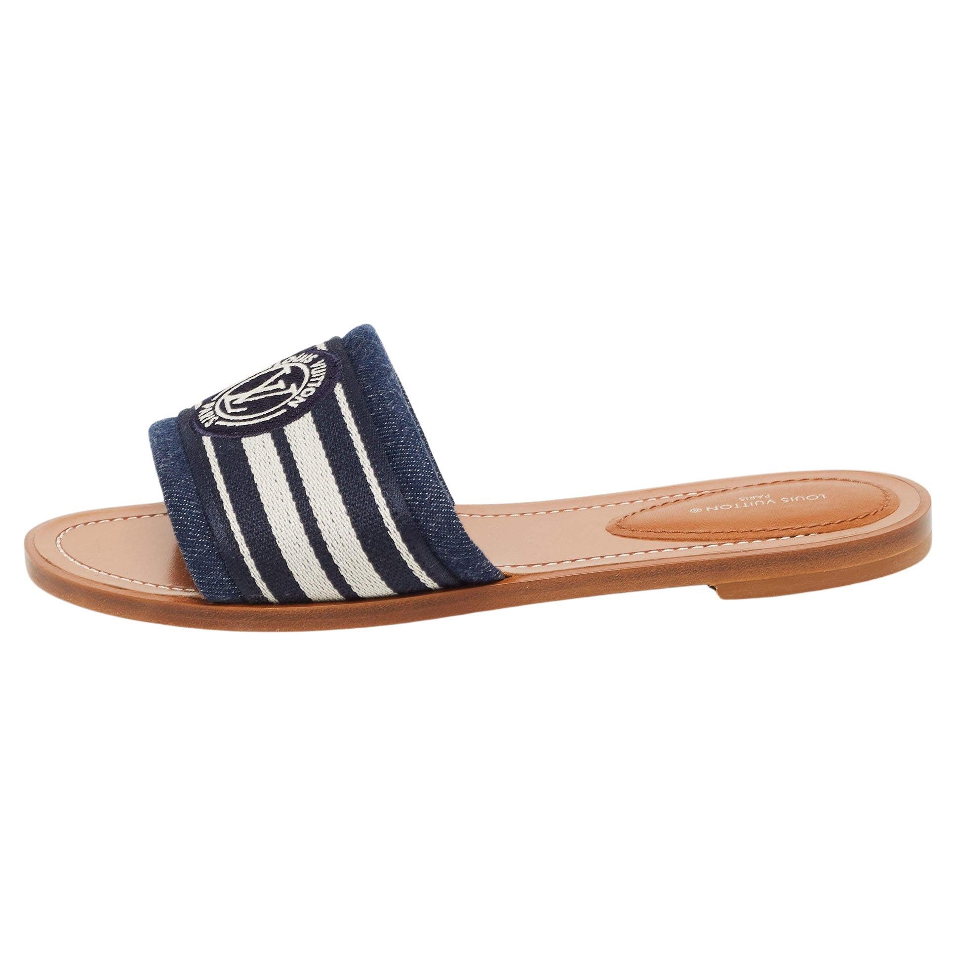 Louis Vuitton Navy Blue/White Canvas Lock It Flat Slides Size 37 For ...