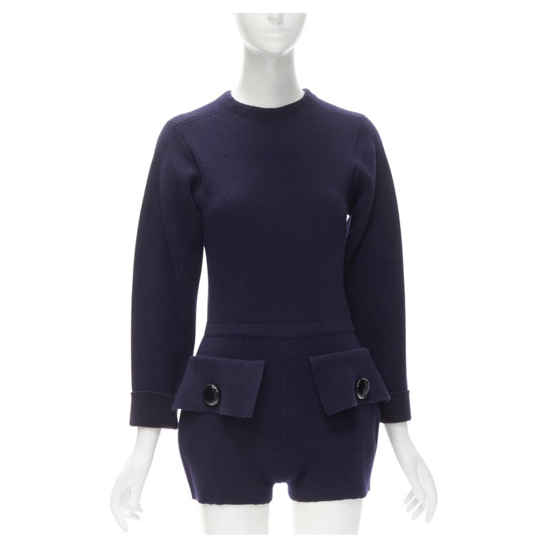LOUIS VUITTON navy blue wool knit decorative button romper playsuit S ...