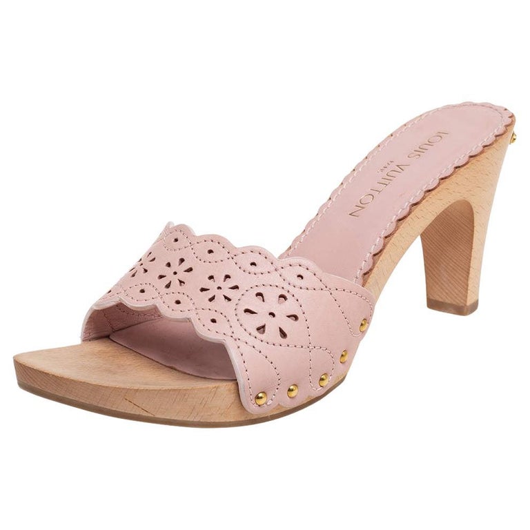 Louis Vuitton Pink Leather Cut Out Wooden Slide Clogs Size 41 For Sale ...