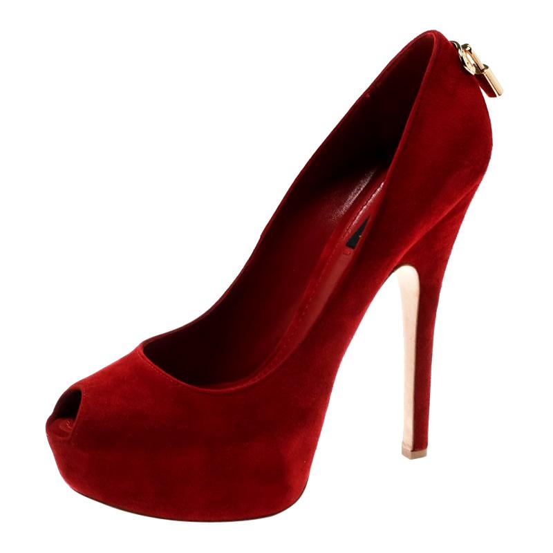 Louis Vuitton Red Suede Oh Really! Peep Toe Platform Pumps Size 38 For ...