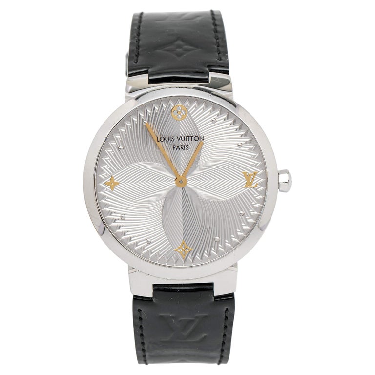 Louis Vuitton Silver Stainless Steel Patent Leather Tambour Wristwatch ...
