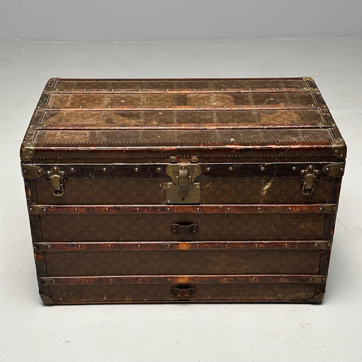 Louis Vuitton, Steamer Trunk, Distressed Brown Leather, Monogram Canvas ...