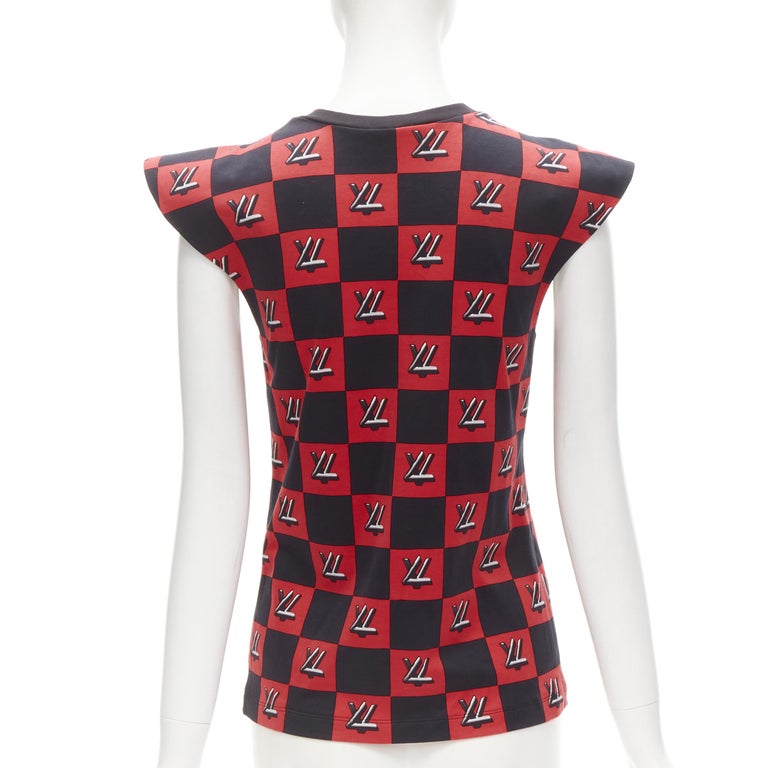 LOUIS VUITTON Twist Lock LV red black Damier check flutter sleeve vest ...