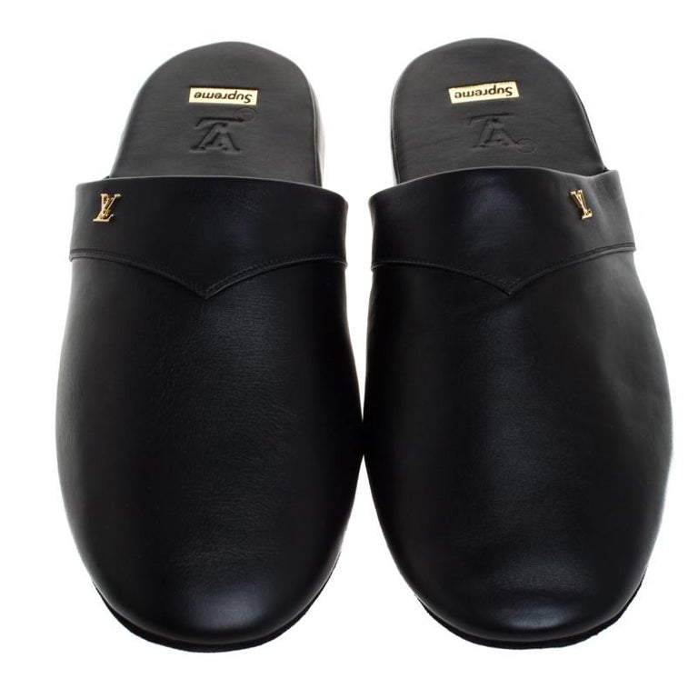 Louis Vuitton x Supreme Black Leather Hugh Flat Slippers at 1stDibs