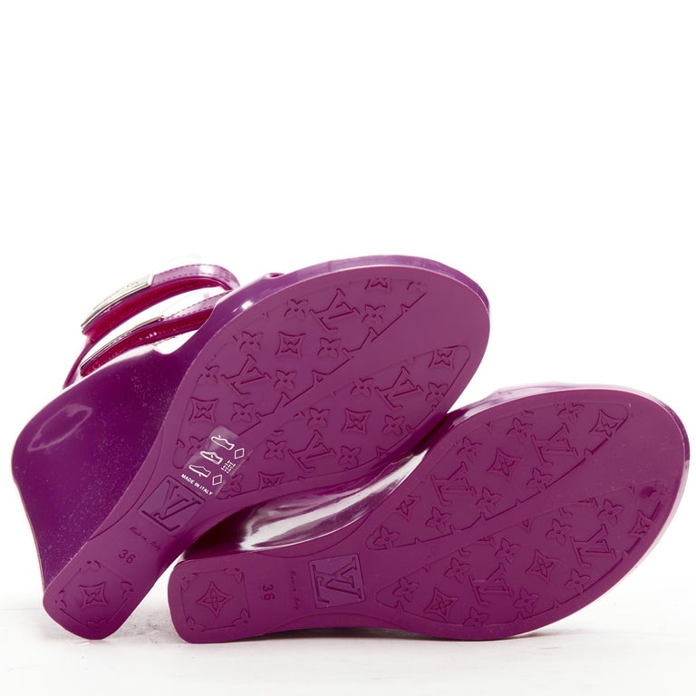 LOUIS VUITTON Y2K purple rubber T-strap logo magic tape wedge sandal ...
