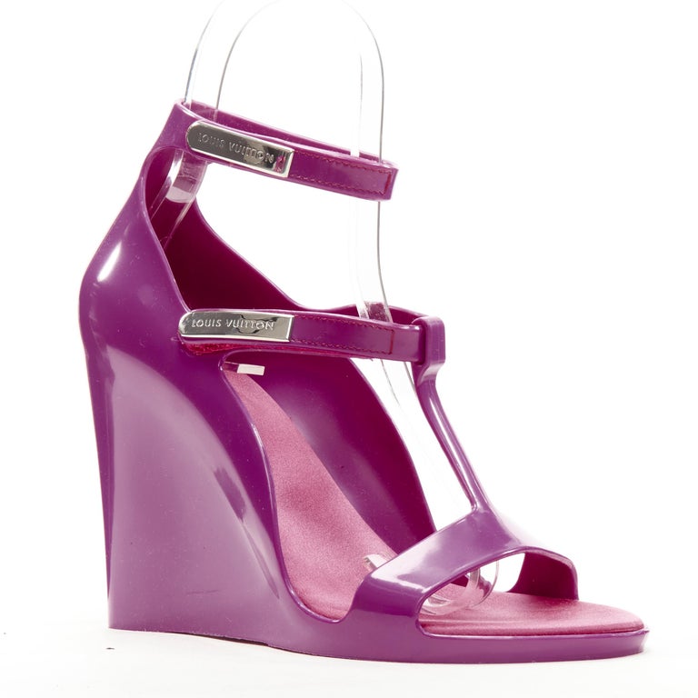 LOUIS VUITTON Y2K purple rubber T-strap logo magic tape wedge sandal ...