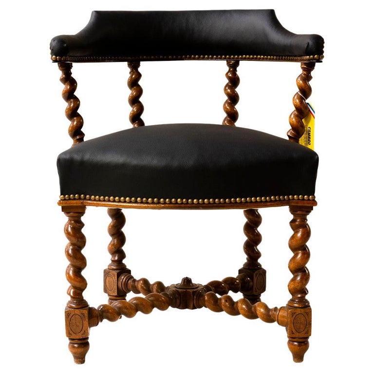 Louis XIII Walnut Desk Chair with Vegan Leather For Sale at 1stDibs