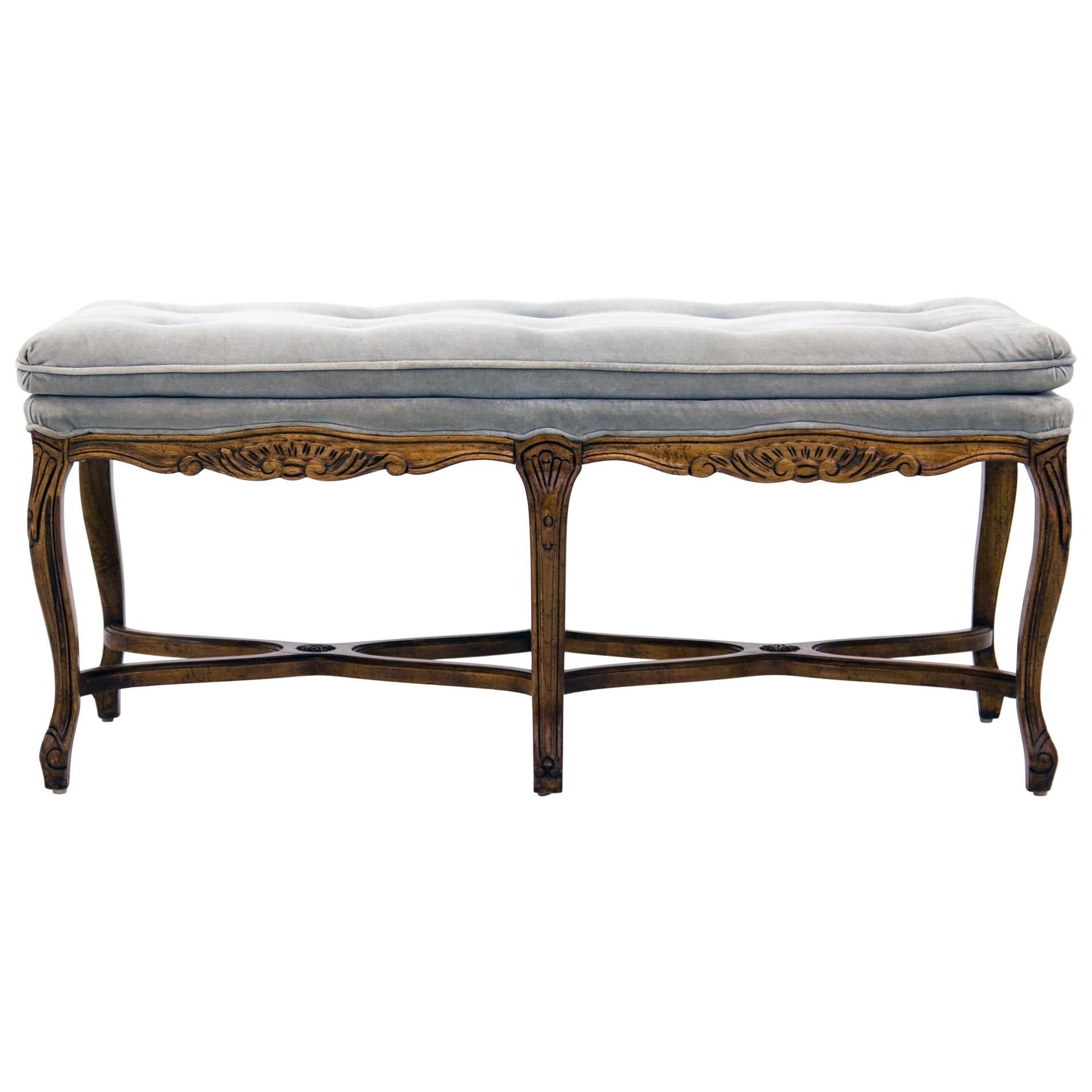Louis XV Carved Walnut Bench with Gray Tufted Velvet Upholstery by ...
