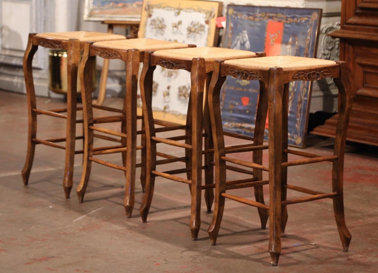 Louis XV Country French Carved Bar Stools with Rush Seat, Set of 4 at ...