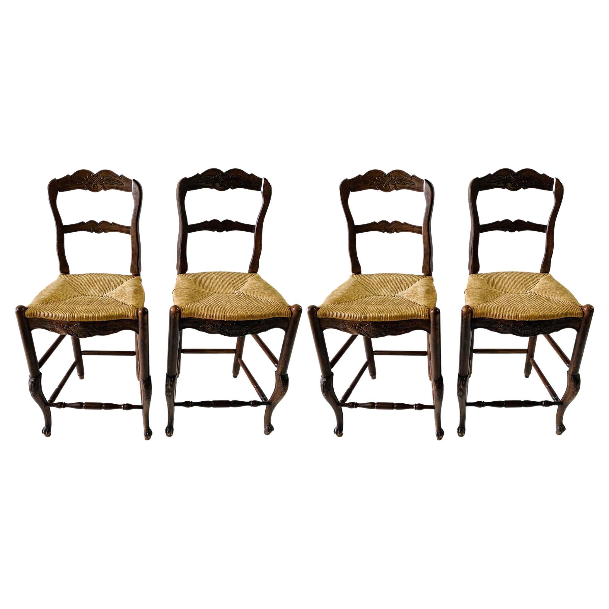Louis XV Country French Carved Bar Stools with Rush Seat, Set of 4 at ...