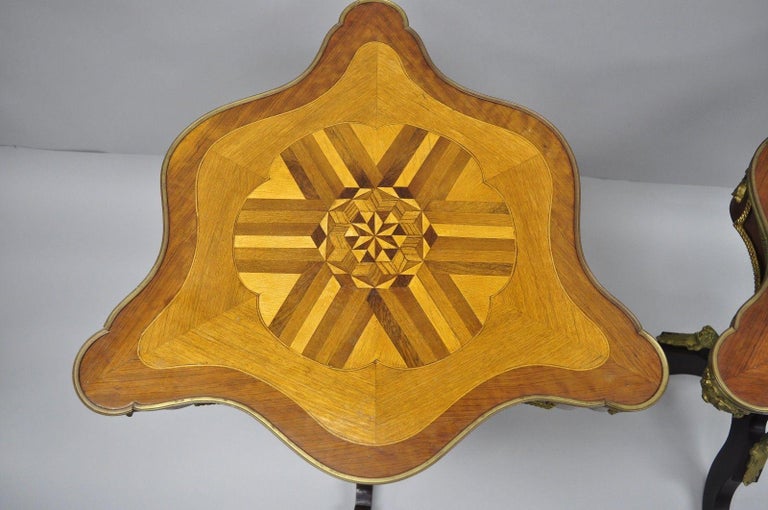Louis XV French Style Repro Marquetry Inlay Side Tables Bronze Figures ...
