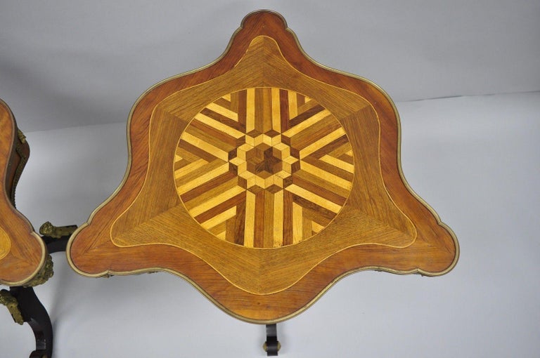 Louis XV French Style Repro Marquetry Inlay Side Tables Bronze Figures ...