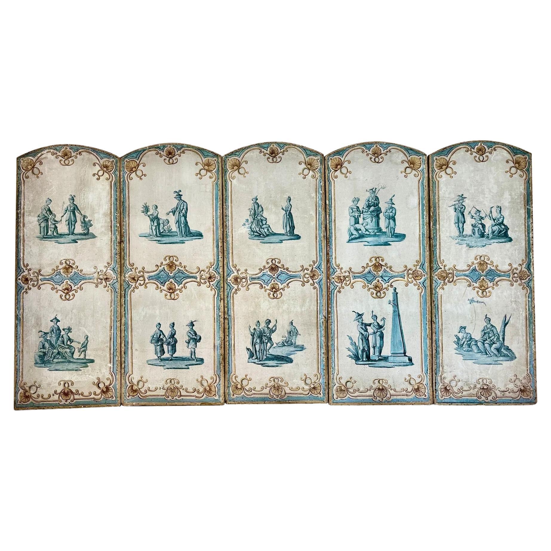 Biombo de suelo de cinco paneles de lienzo pintado Luis XV, mediados ...