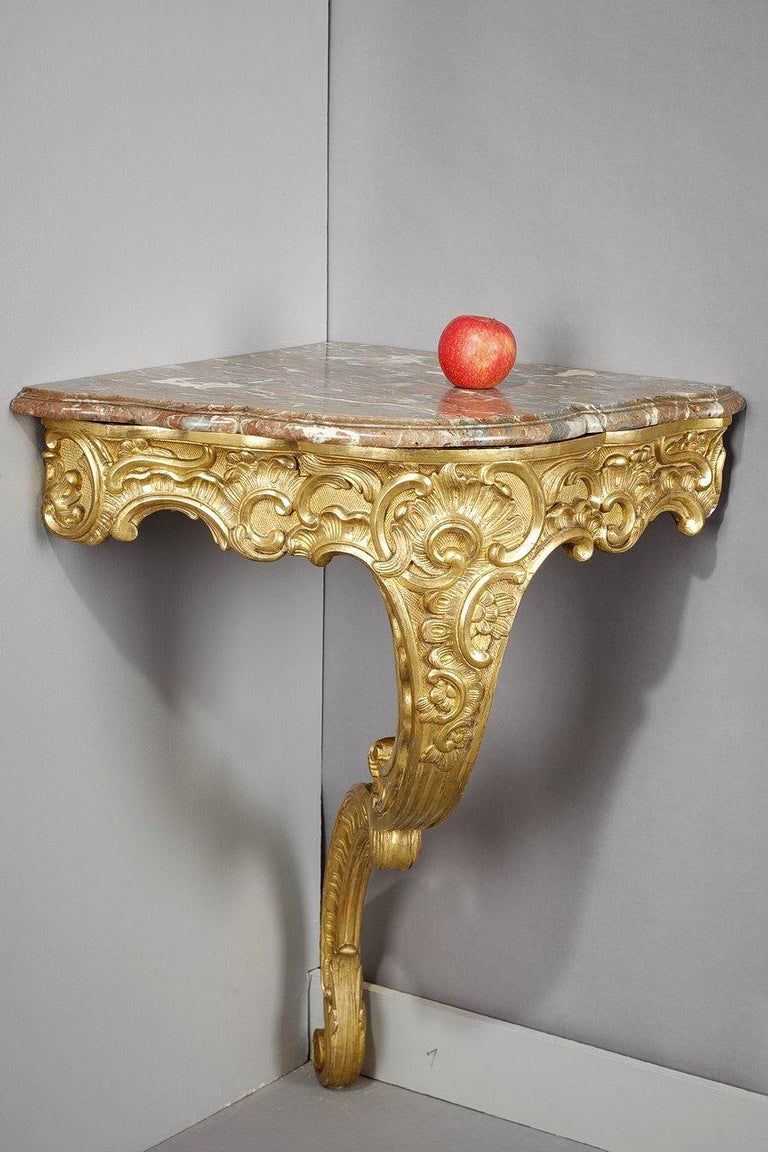 Louis XV style corner console in gilded wood and Breche marble top ...