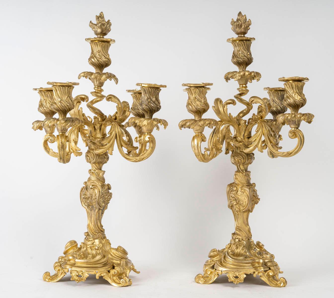 Louis XV Style Gilt Bronze Mantel Set, 19th Century. For Sale at 1stDibs