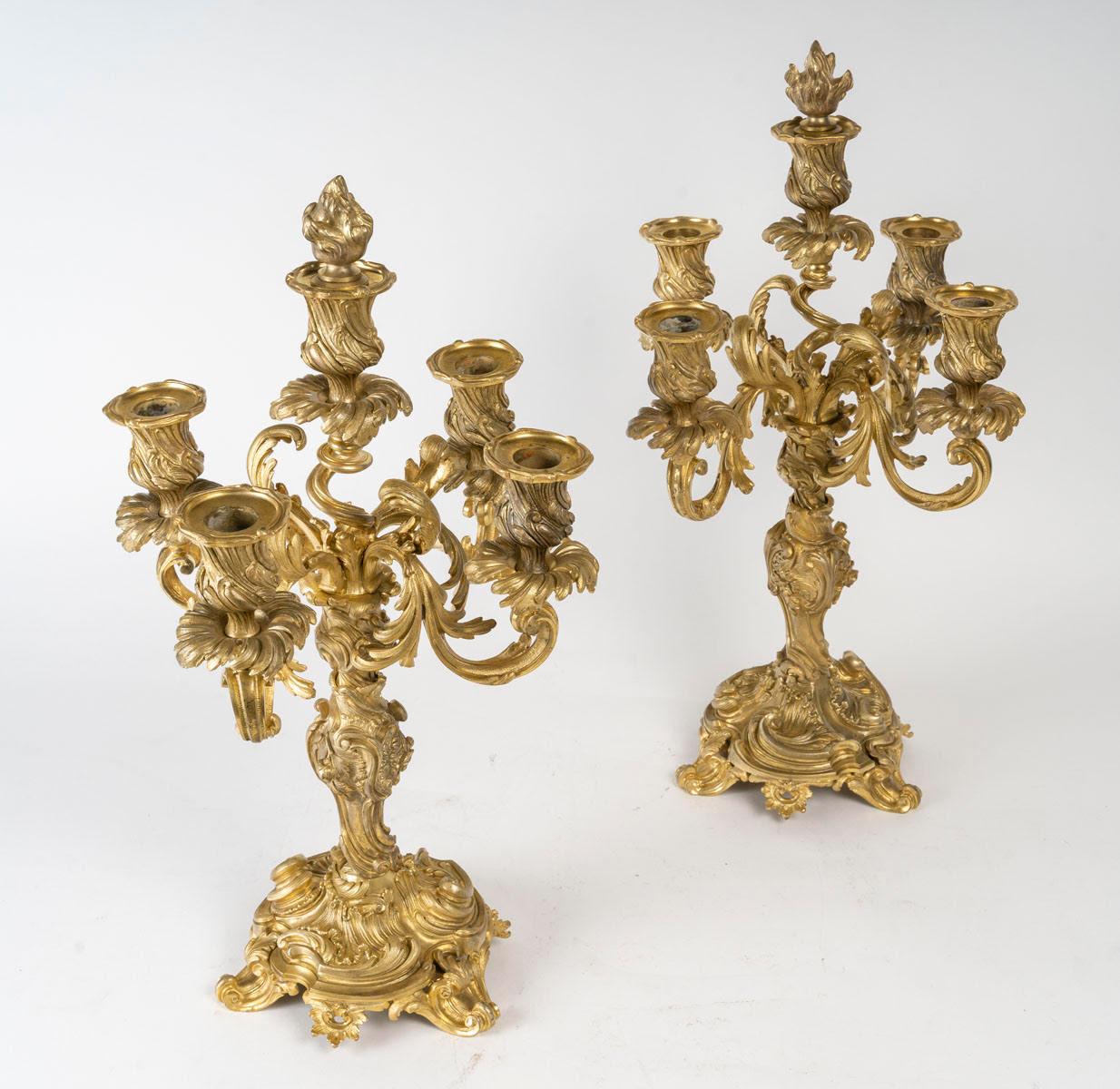 Louis XV Style Gilt Bronze Mantel Set, 19th Century. For Sale at 1stDibs
