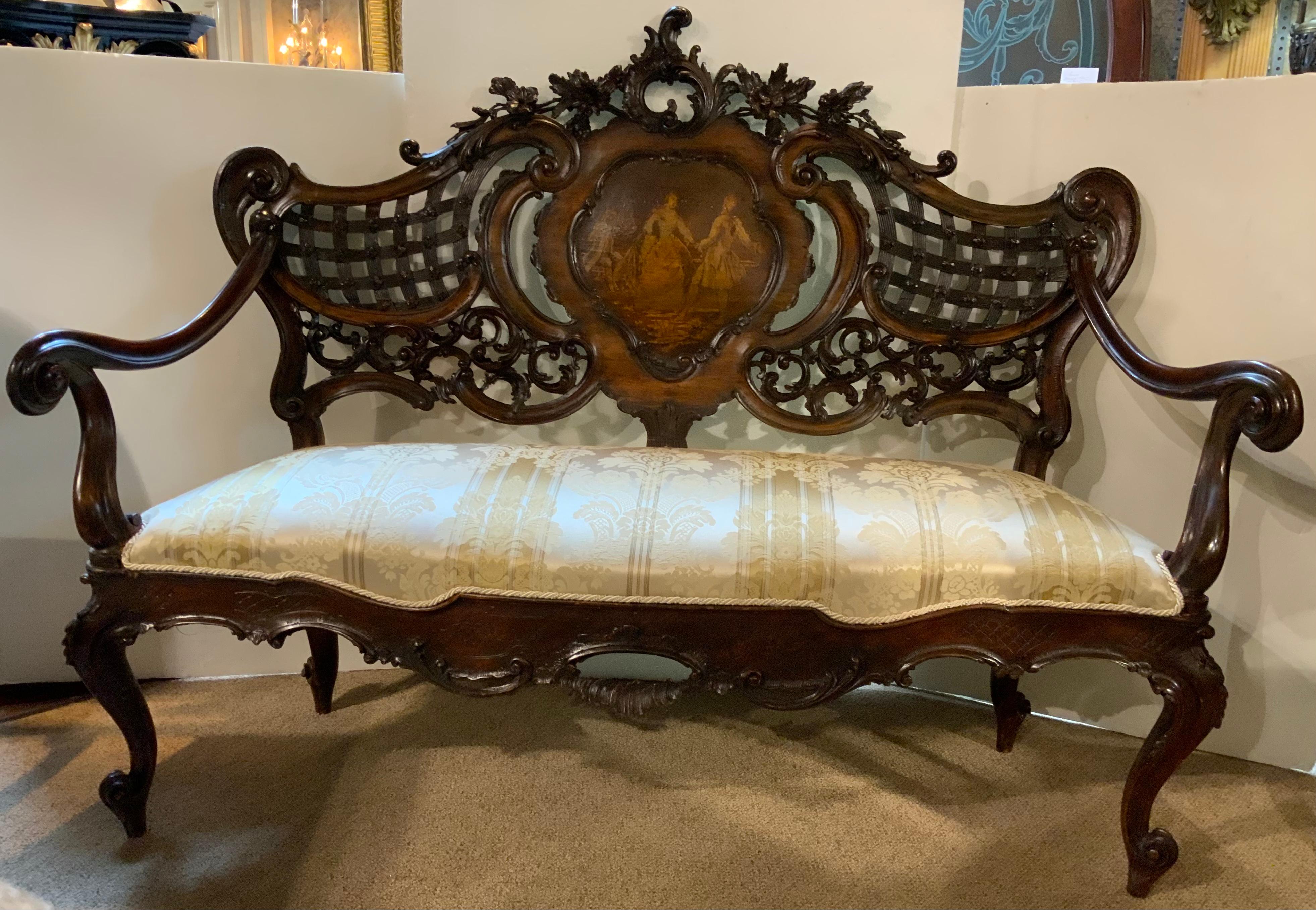 Louis XV-Style Love Seat, 19th Century, Carved with Vernis Martin Cameo ...