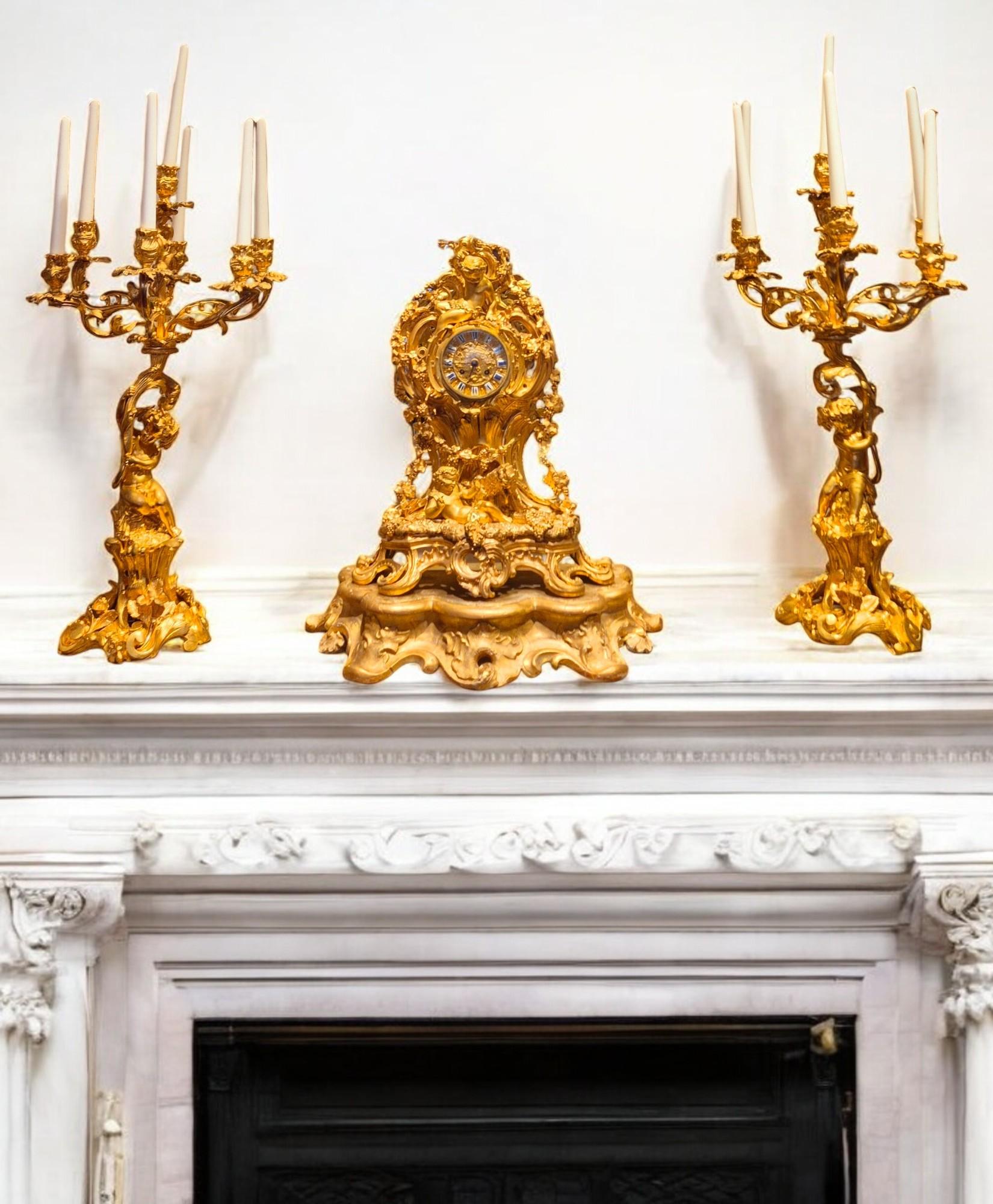 Louis XV style mantel set in gilded bronze decorated with putti, 19th ...