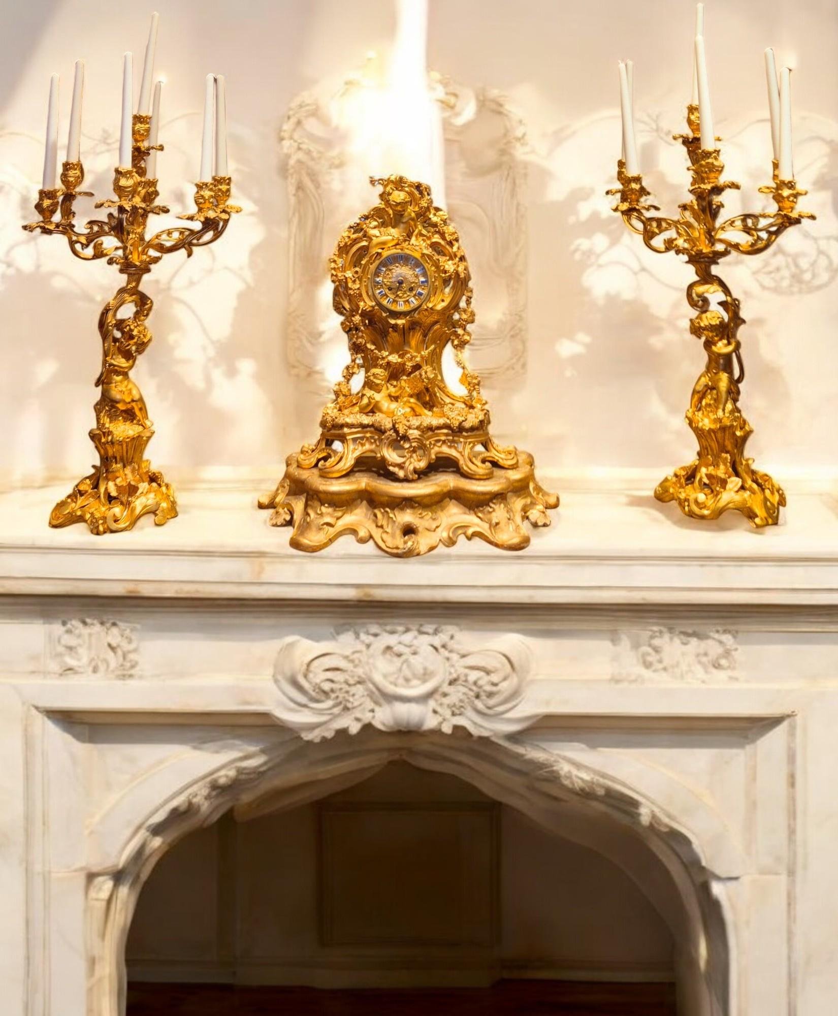 Louis XV style mantel set in gilded bronze decorated with putti, 19th ...