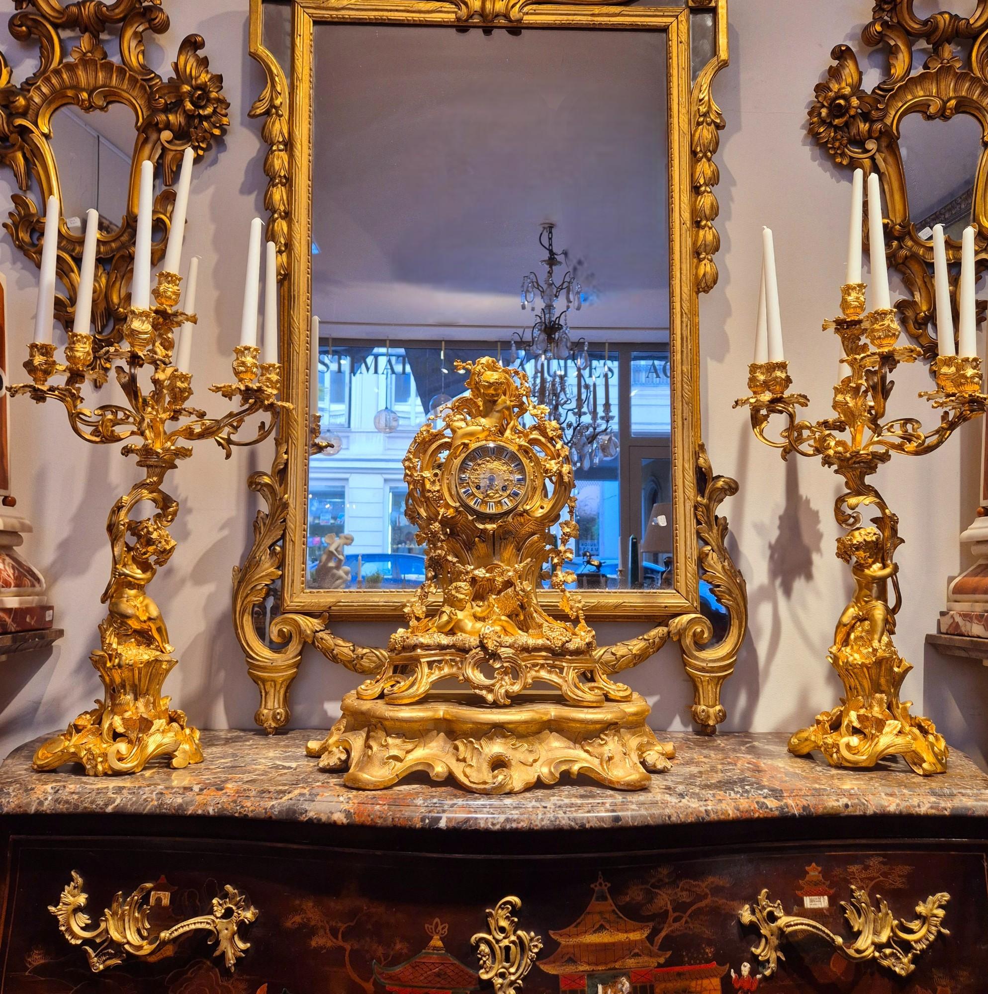 Louis XV style mantel set in gilded bronze decorated with putti, 19th ...