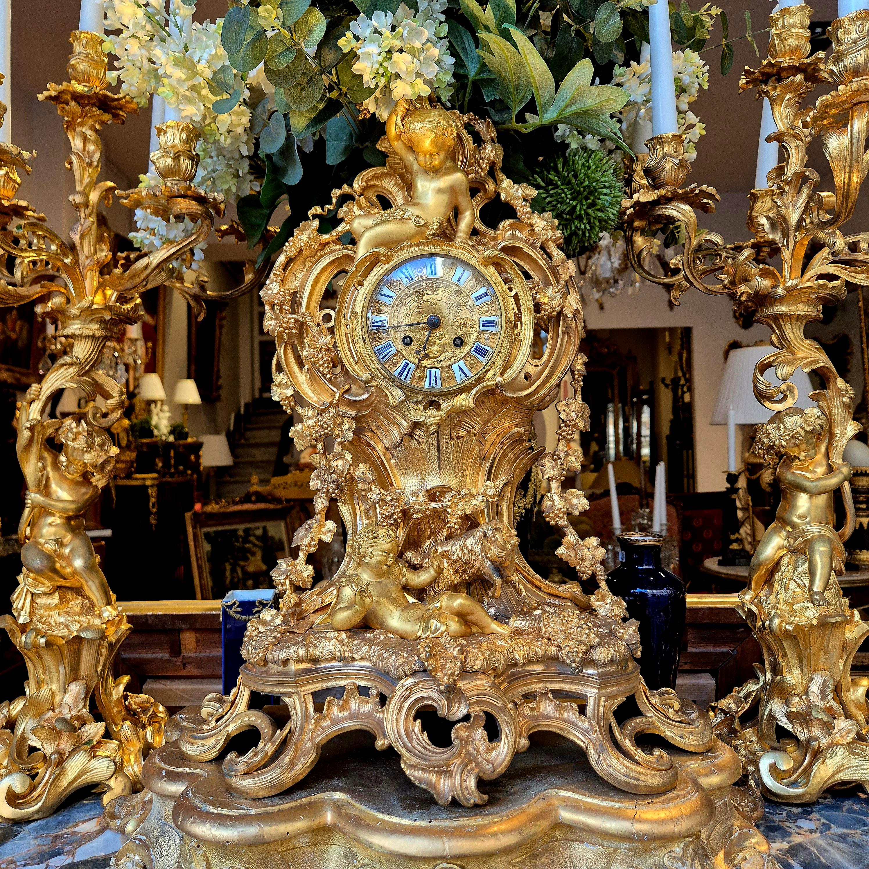 Louis XV style mantel set in gilded bronze decorated with putti, 19th ...