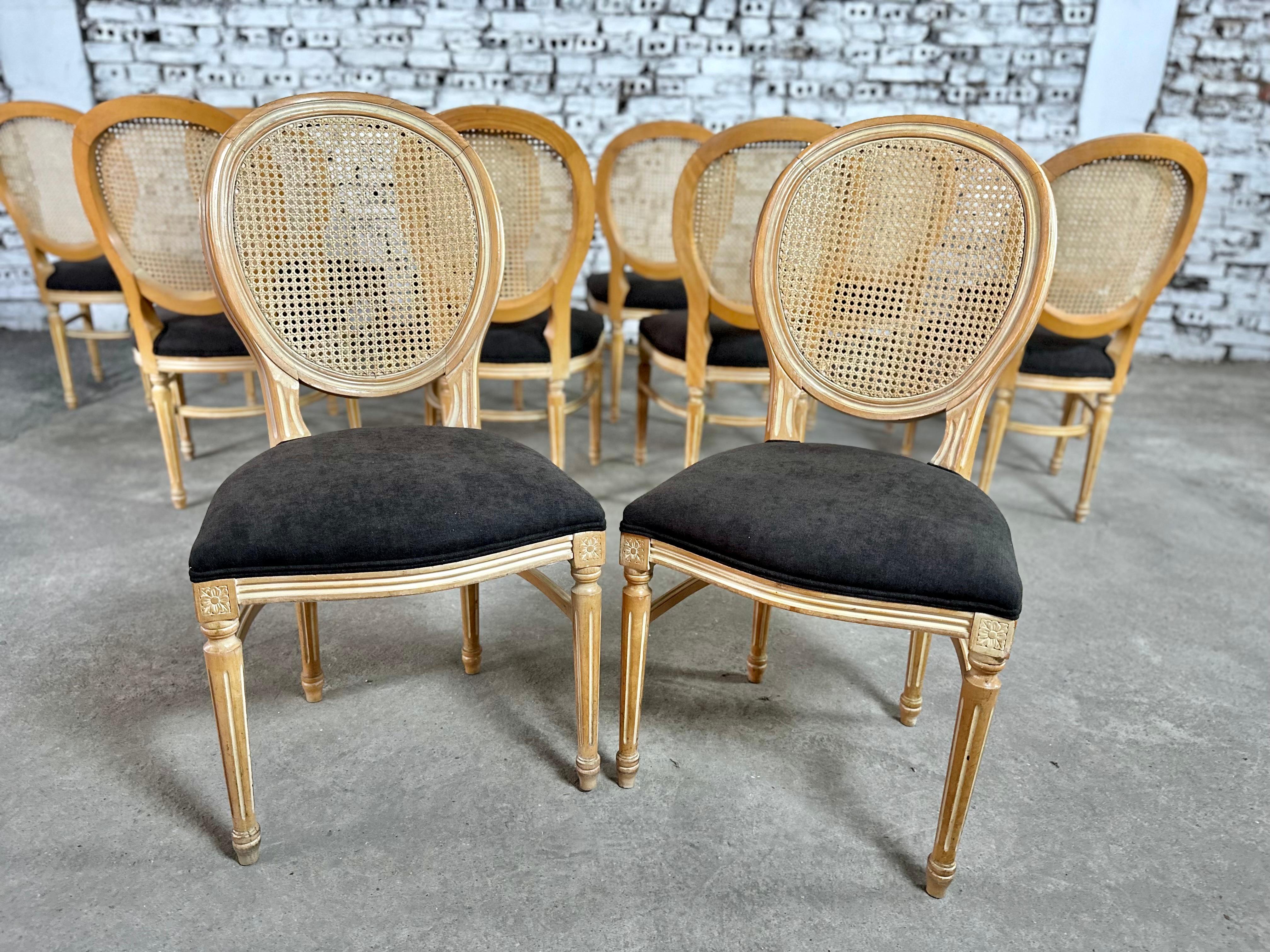 Louis XVI Medallion Cane Back Dining Chairs, Reupholstered - Set of 12 ...