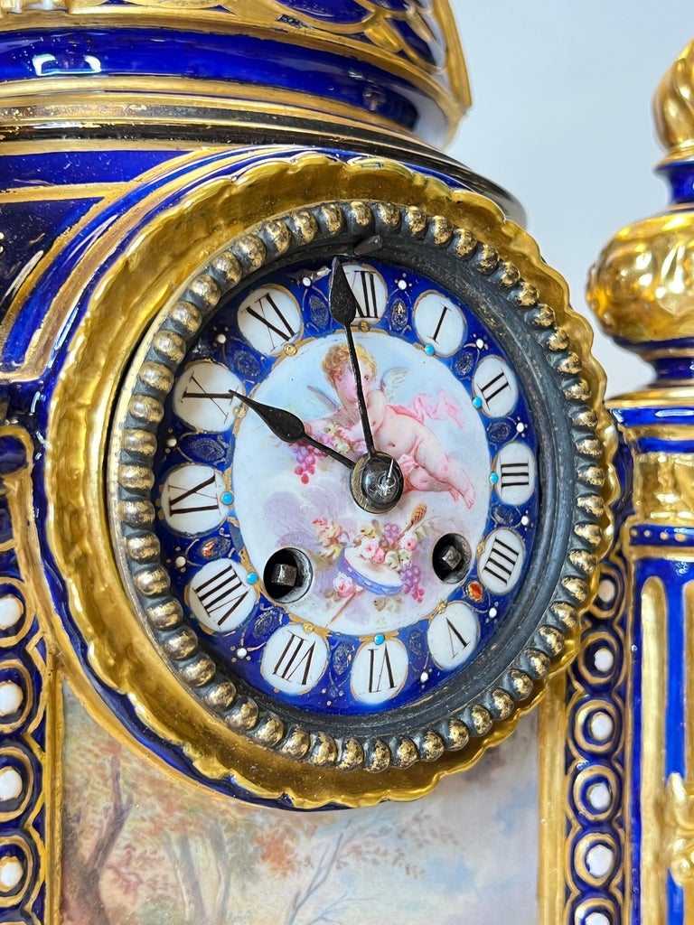 Louis XVI Sevres Style Jeweled Porcelain Mantel Clock For Sale at 1stDibs