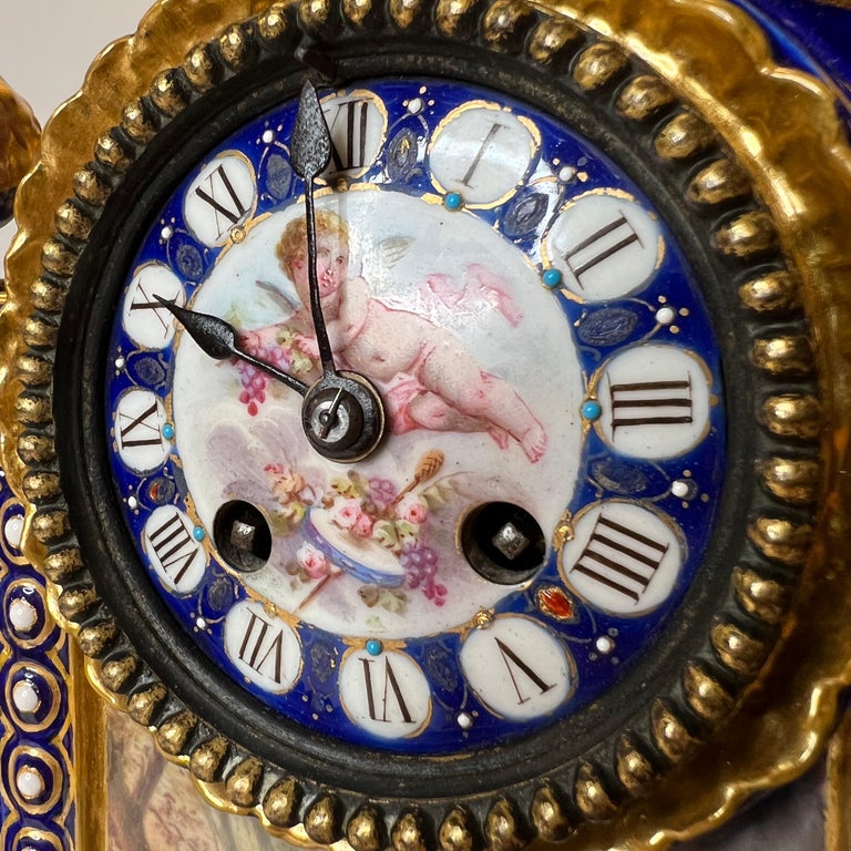 Louis XVI Sevres Style Jeweled Porcelain Mantel Clock For Sale at 1stDibs
